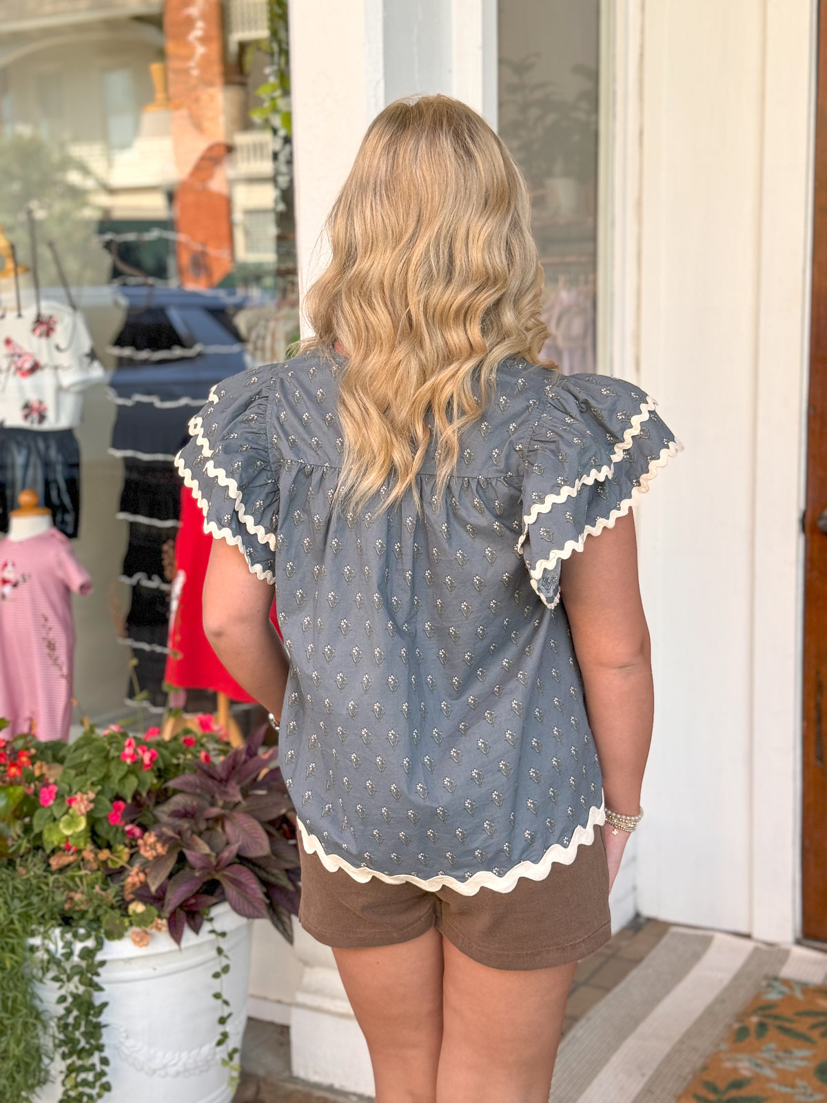 Slate Blue Floral Ric Rac Trim Blouse | Lily’s Southern Boutique